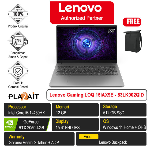 Jual Lenovo Gaming LOQ 15IAX9E 2QID /Intel Core i5-12450HX/12GB/512GB ...