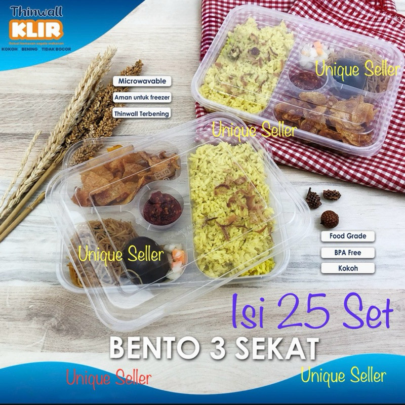 Jual [Isi25] Thinwall Bento Sekat 3 FLAT KLIR / Thinwal Bento Sekat 3 ...