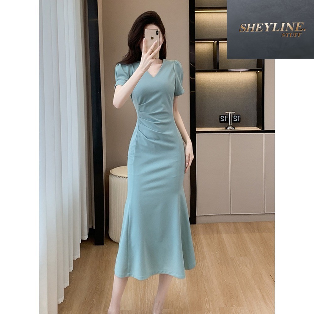 Jual [Emita Bloom] midi dress biru muda korean style v neck dress ...