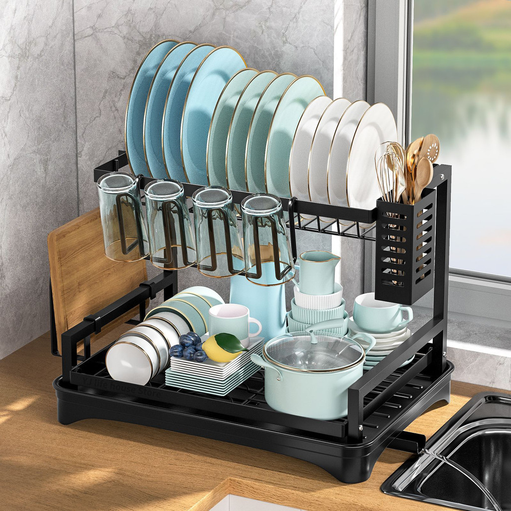 Jual Double-layer Dish Drying Rack with Drip Tray Kitchen Sink Storage ...