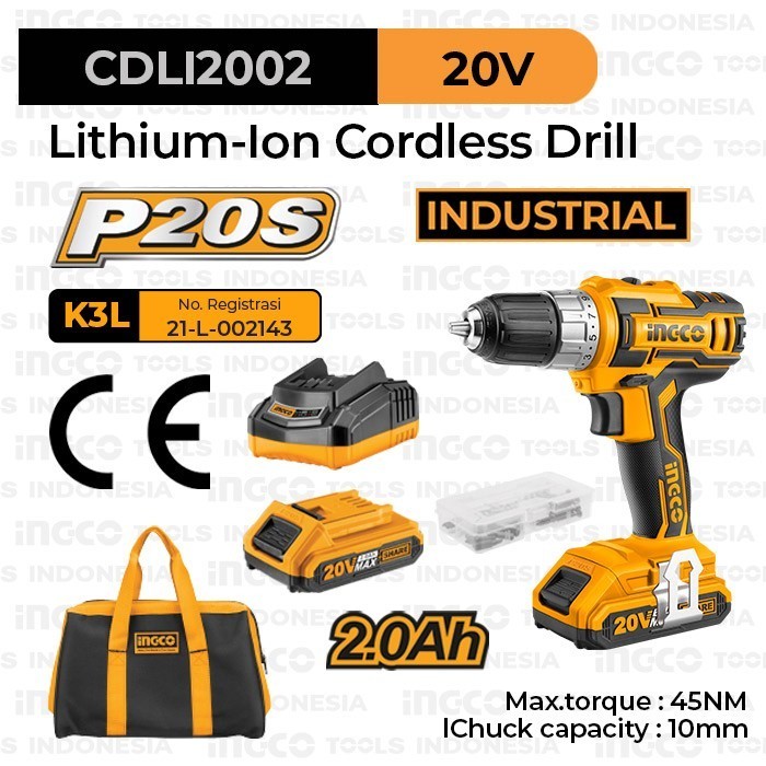 Jual Cordless Drill 10mm Set INGCO CDLI2002 Mesin Bor Kayu Besi Tangan ...
