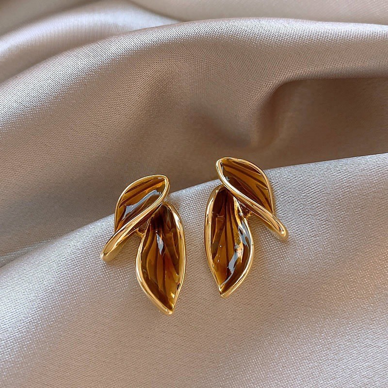 Jual Maillard Brown Color Leaf Geometry Stud Earrings for Women Korean Simple Texture Fashion ...