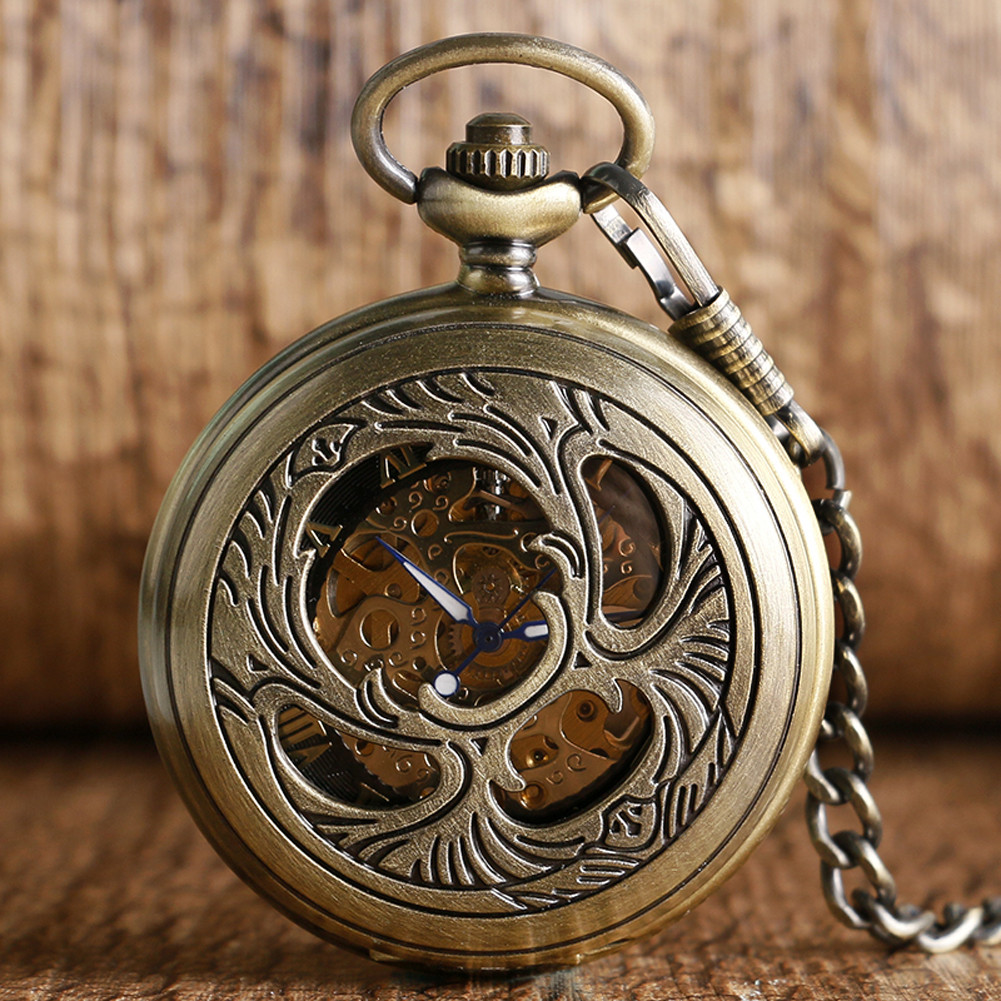 Jual Bronze Fob Chain Pocket Watch Hand Winding Mechanical Pocket Clock ...