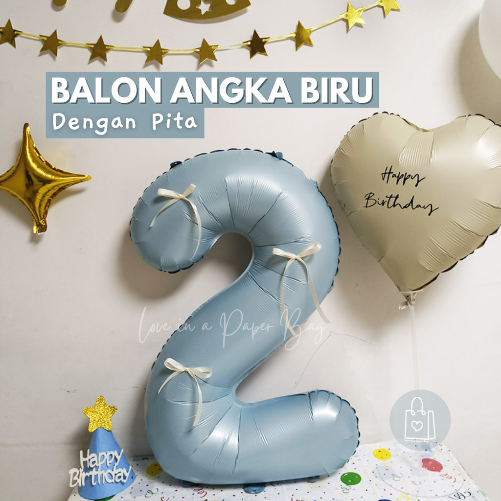 Jual [LIPB] BALON BESAR ANGKA retro biru dengan pita | Shopee Indonesia