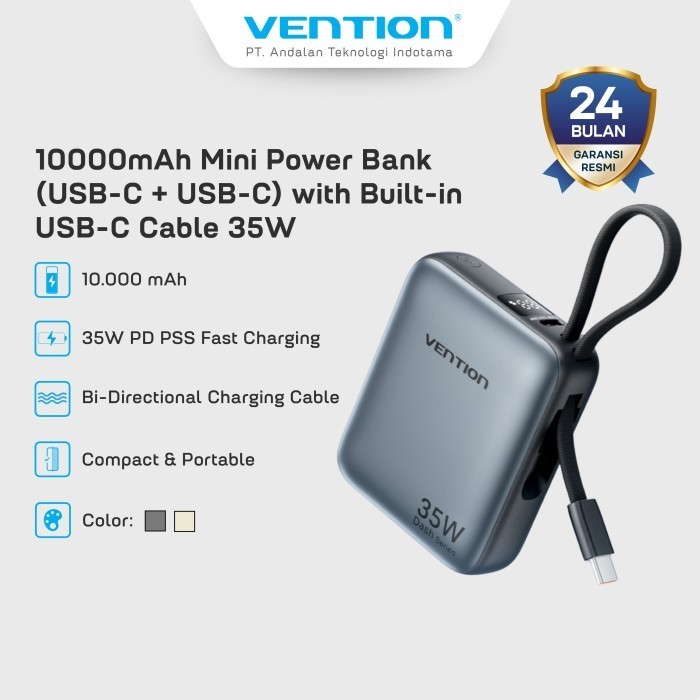 Jual Vention Dash PowerBank 10000mAh 35W PD PPS 25W Built-in Cable Type ...