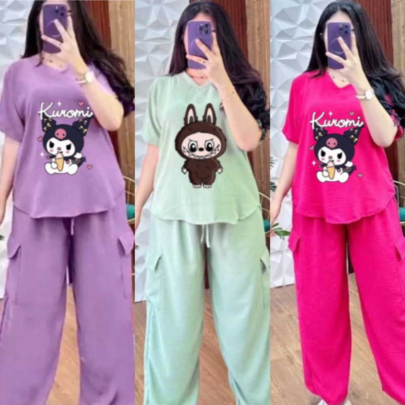 Jual MG - Oneset Pendek Crinkel Cargo Labubu Kuromi Karakter Kekinian ...