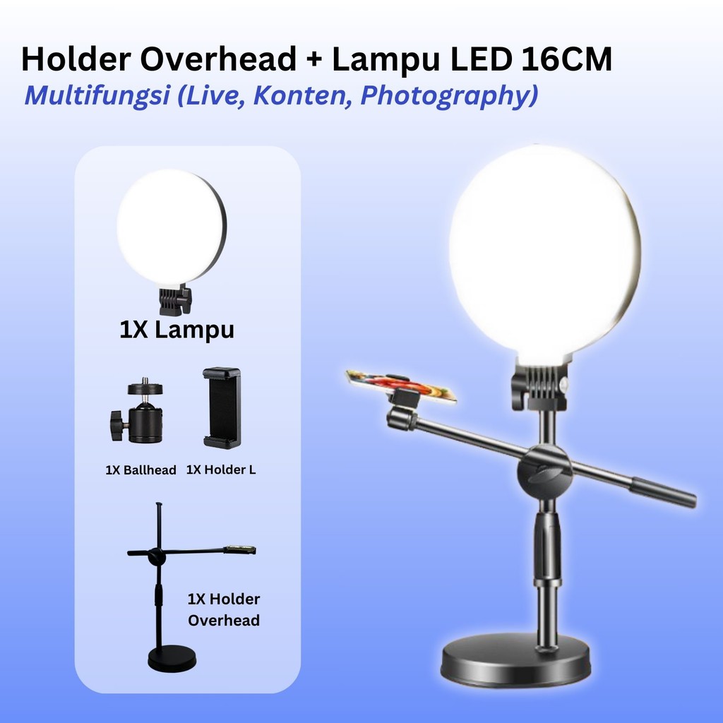 Jual Lampu LED Stand Holder Overhead Lampu Fotografi MUA HP160 Selfie Live Streaming Konten ...