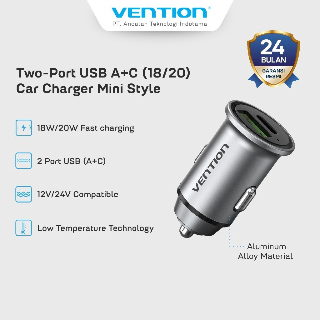 Jual Vention Car Charger USB A 18W+C 20W 20W PD Charge up to 2 Devices ...