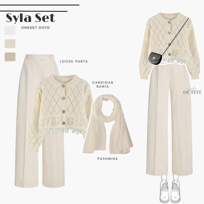 Jual Syla Set Outfit Wanita | Atasan Cardigan Crop Rawis | Bawahan Celana Loose Pants Cream ...