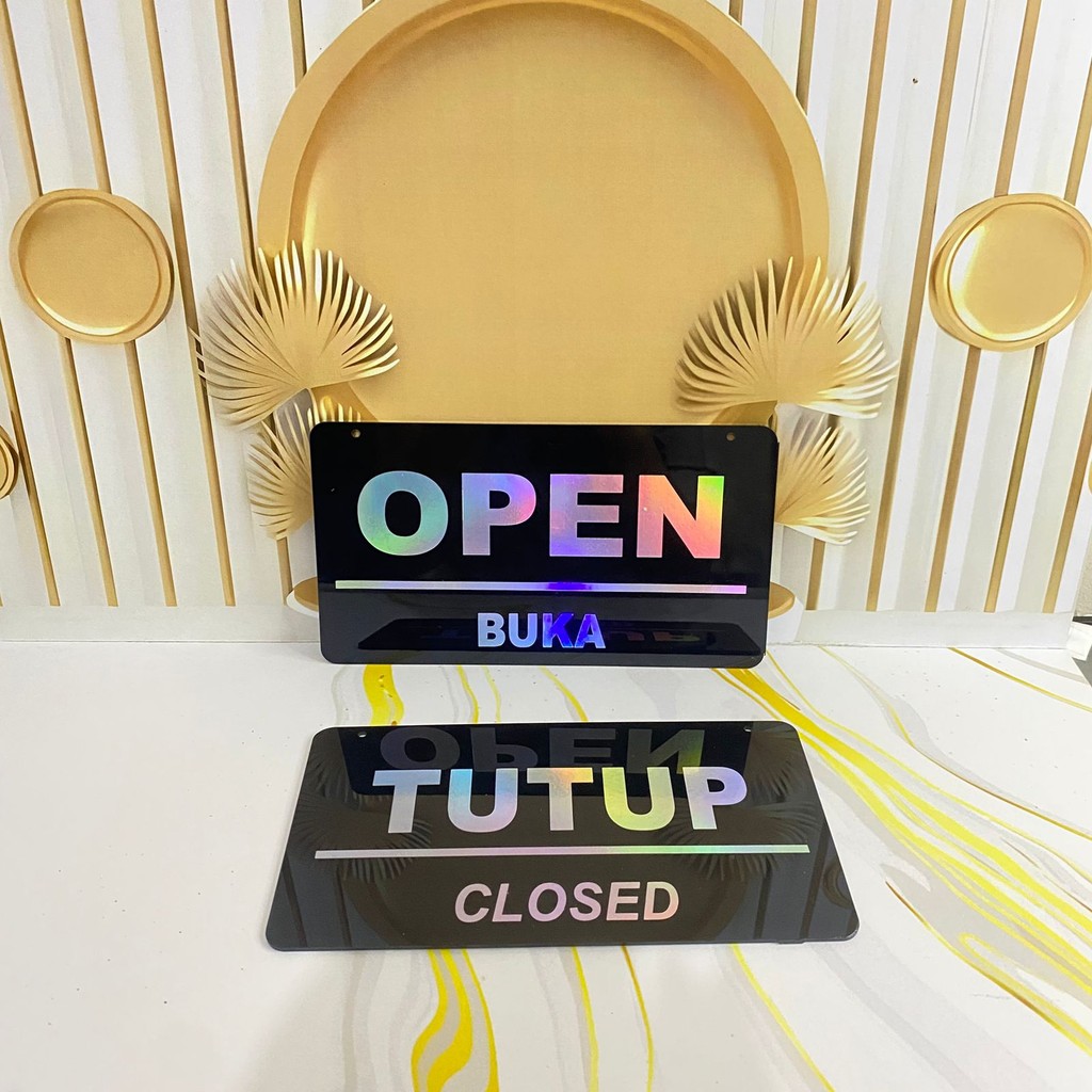 Jual OPEN CLOSE/BUKA TUTUP SIGN AKRILIK STIKER HOLOGRAM(Dua sisi+Rantai ...
