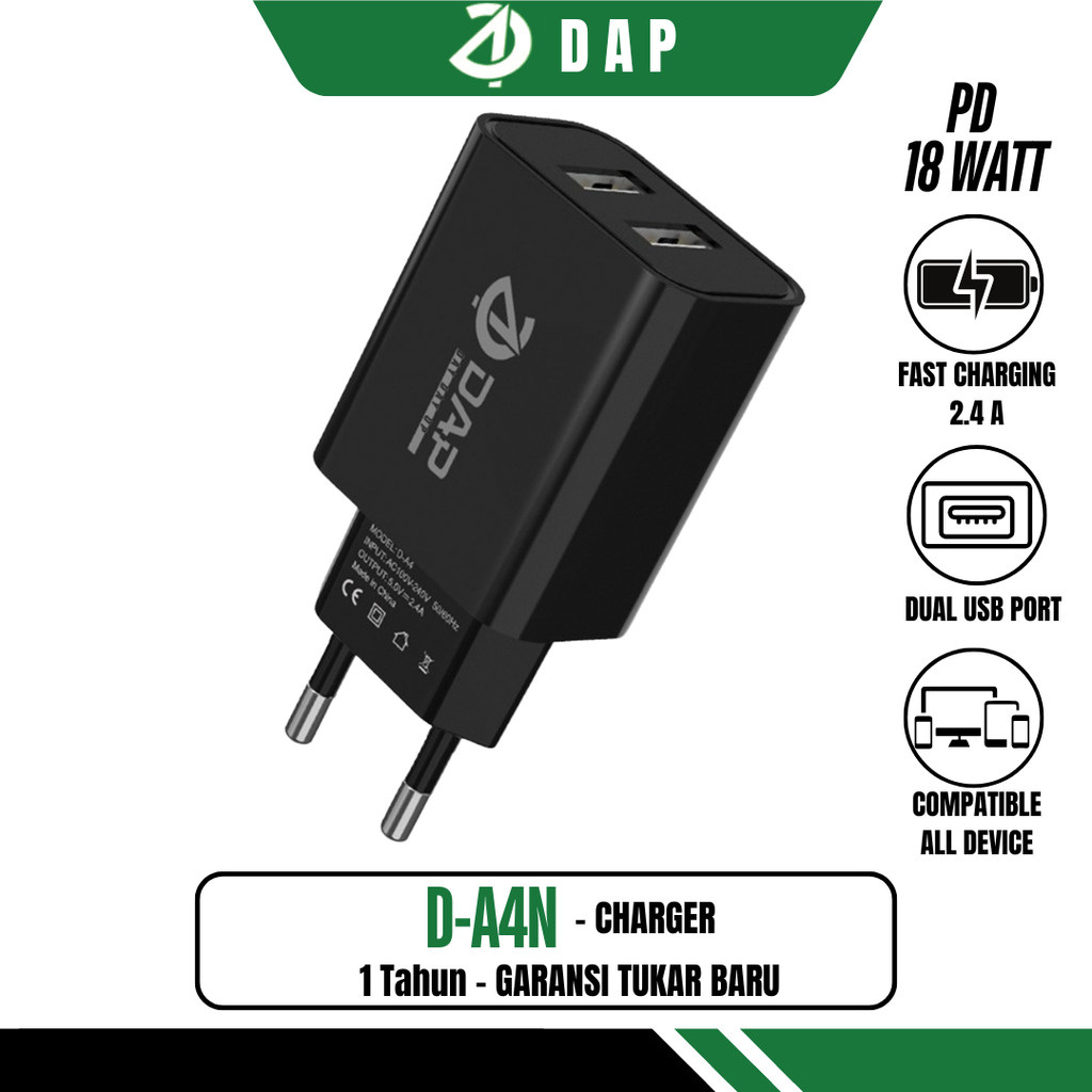 Jual DAP Adaptor Charger Fast Charging Dual Port Usb Charger 2.4 A Original – D-A4N 1 PCS ...
