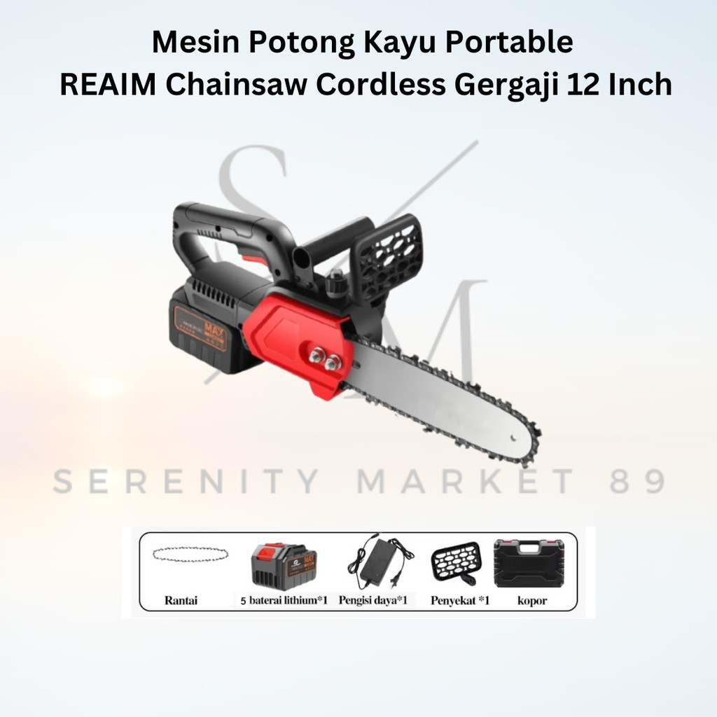 Jual Mesin Potong Kayu Portable REAIM Chainsaw Cordless Gergaji 12 Inch ...