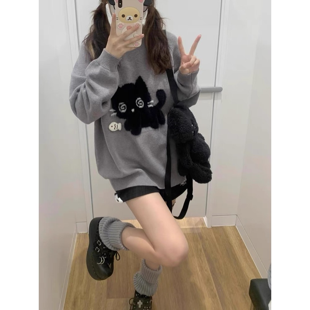 Jual Deeptown Kawaii Gray Women Sweaters Japanese Preppy Style Knitted ...