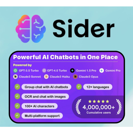 Jual Sider AI ChatGPT 4.0 Turbo + GPT3.5 Turbo + Claude AI + ChatPDF | GPT4.0 GPT3.5 | AI Tool ...