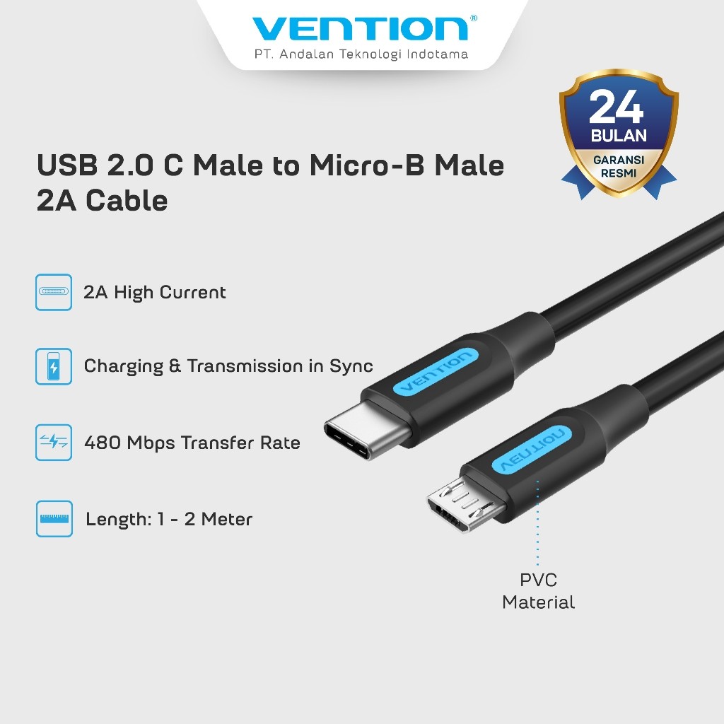 Jual Vention Kabel Data Cable USB Type C to Micro B 2A 2A 480Mbps ...