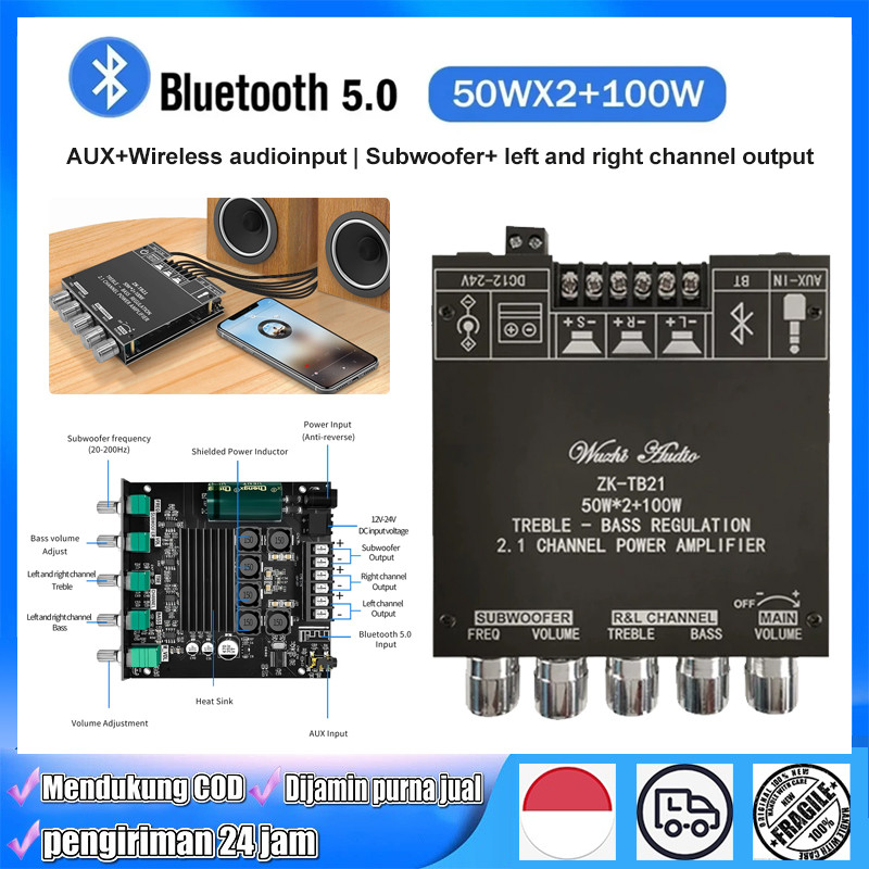 Jual ZK-TB21 Bluetooth 5.0 Amplifier Board Penguat Subwoofer Papan 50WX2 + 100W 2.1 Channel ...