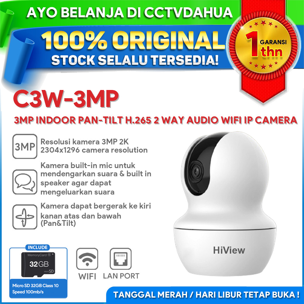 Jual HIVIEW C3W-3MP 2K CCTV INDOOR PAN-TILT H.265 2 WAY AUDIO WIFI IP CAMERA FREE MICRO SD 32GB ...