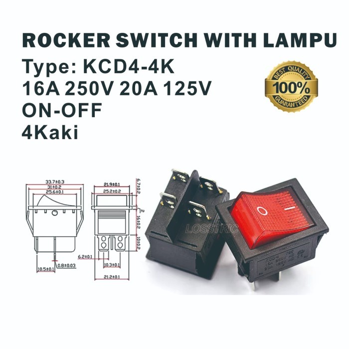 Jual Rocker Switch-Saklar Switch Kotak Besar with Lampu On-Off 4 Pin ...