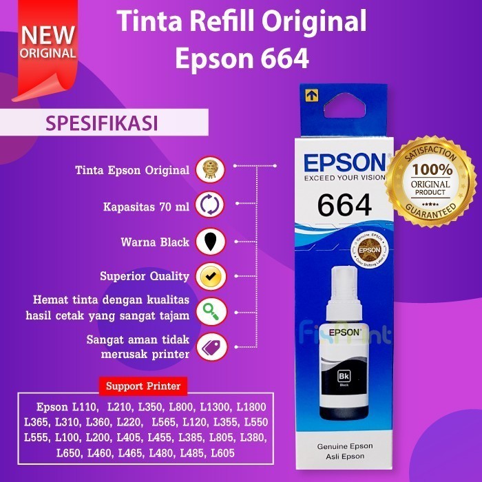 Jual Tinta Original 664 T664 Refill Printer Epson Print L110 L120 L121 L210 L220 L300 L310 L350 ...