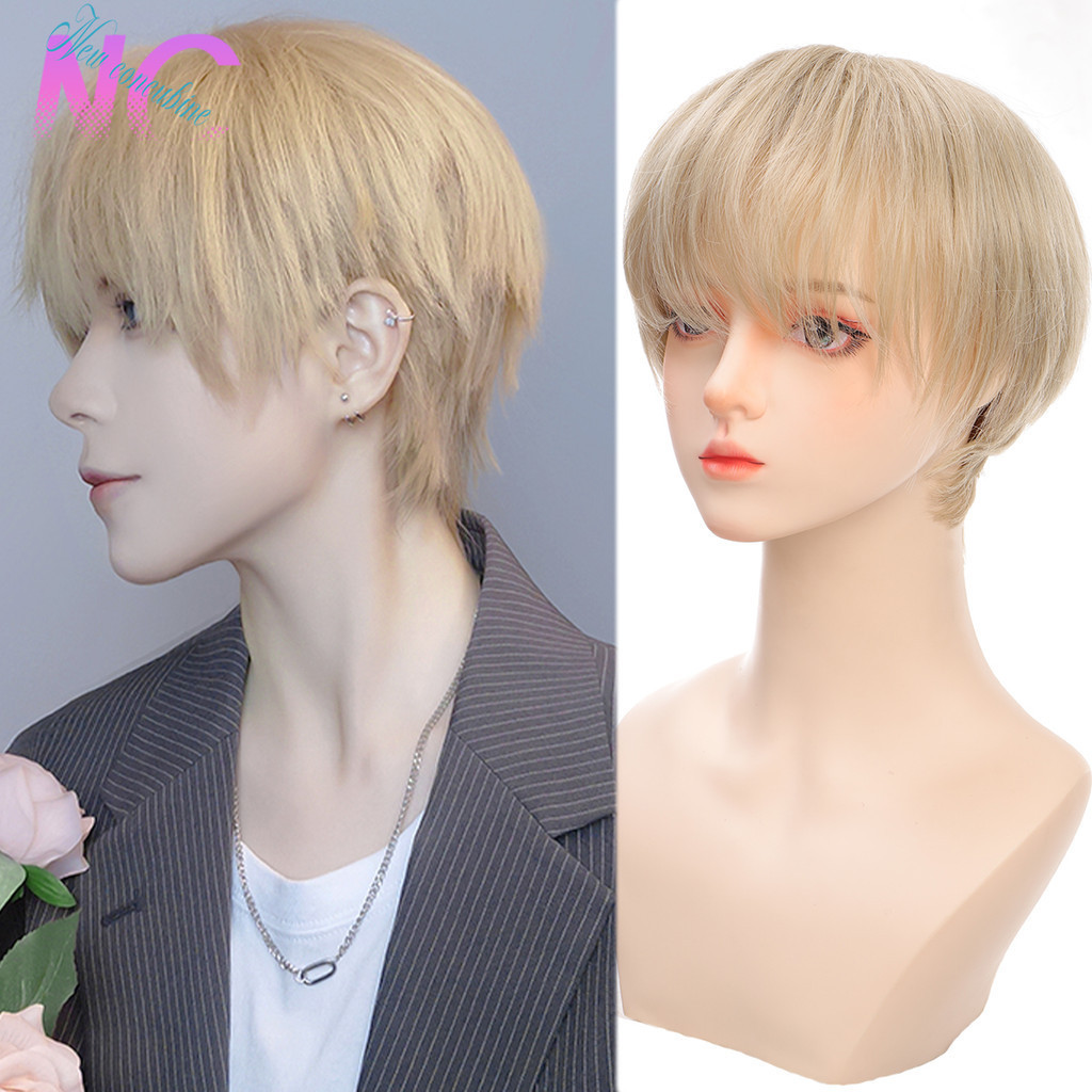 Jual New Concubine Short Synthetic Mullet Head Wig Boy Black Gold Pink ...