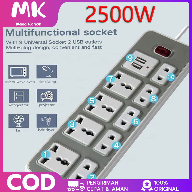 Jual universal power strip stop kontak 9 power socket 2 usb port + c fast charging - kabel 2 ...