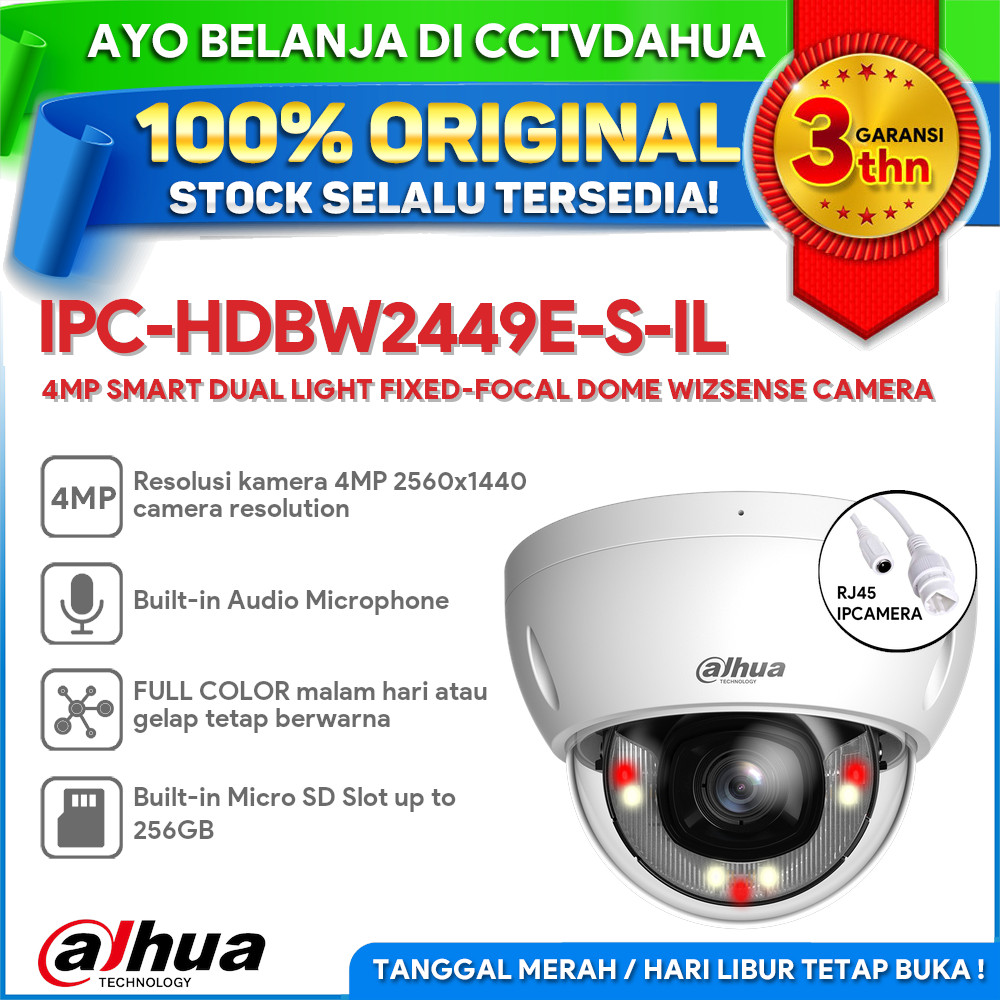 Jual DAHUA IPC-HDBW2449E-S-IL 4MP SMART DUAL LIGHT FIXED-FOCAL DOME WIZSENSE CAMERA | Shopee ...