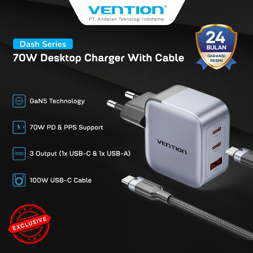 Jual Vention Dash Series Kepala Charger GaN5 3 Port USB (2C+A) 70W PD ...
