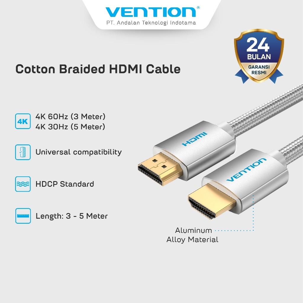 Jual Vention Kabel HDMI UHD 4K 60hz 3D Male to Make Cotton Braided ...