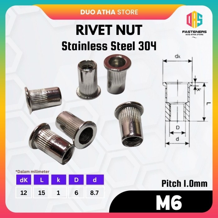 Jual Rivet Nut M6 Stainless Steel / Insert Nut M6 / Mur Rivet M6 / Mur Furniture M6 SS304 ...