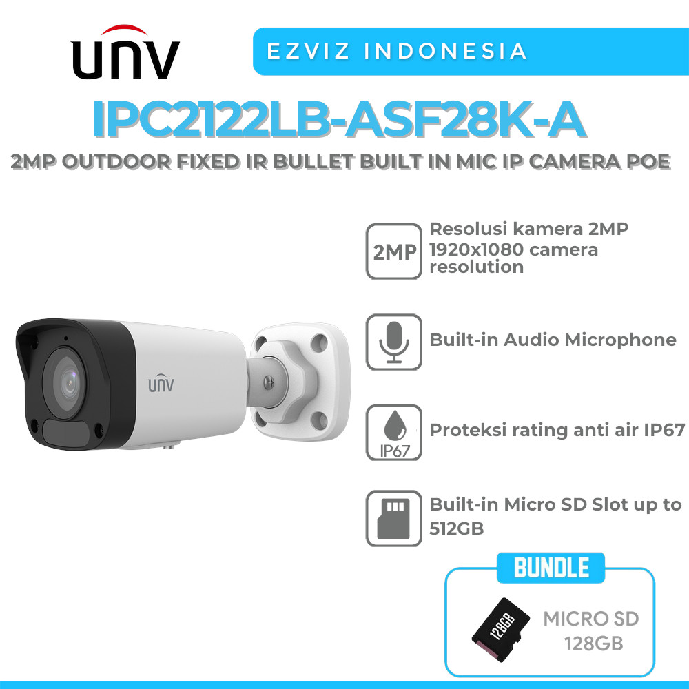 Jual UNV IPC2122LB-ASF28K-A 2MP OUTDOOR FIXED IR BULLET BUILT IN MIC IP CAMERA POE FREE MICRO SD ...