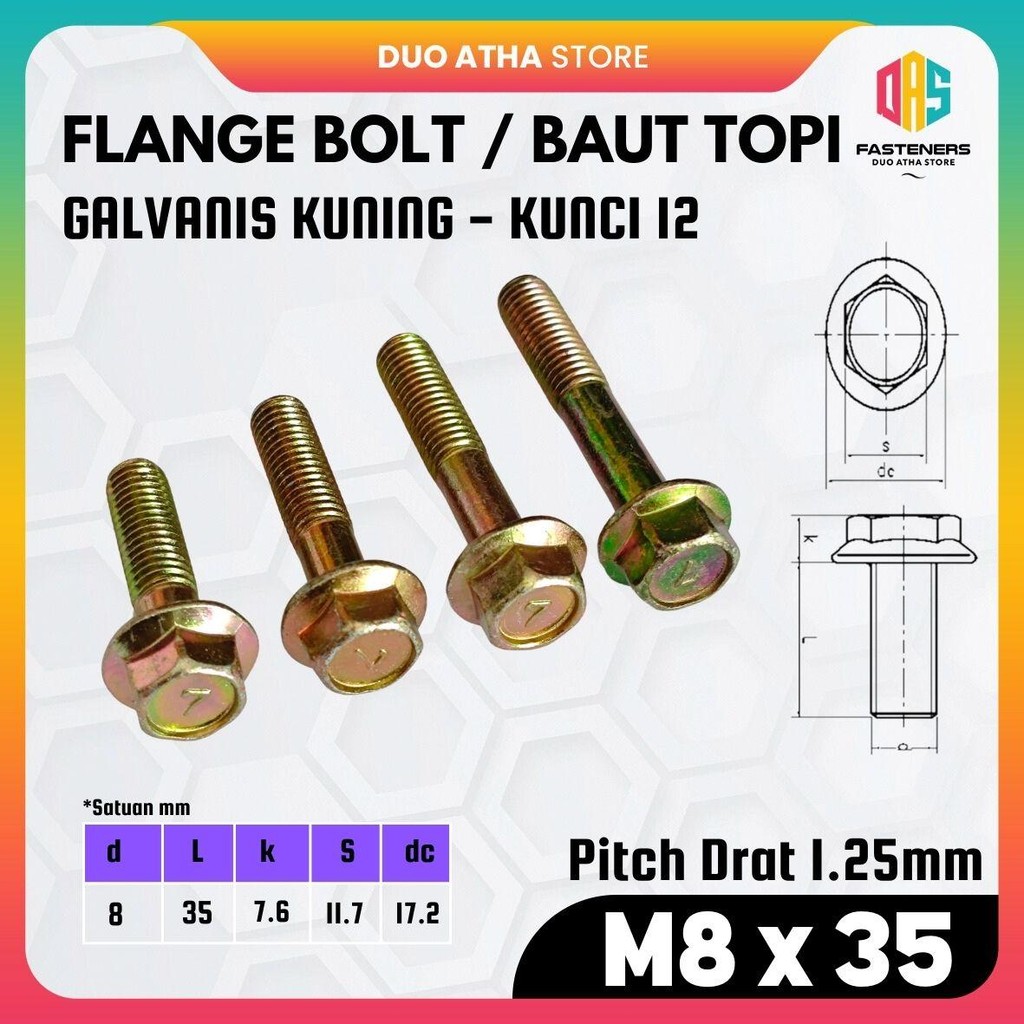 Jual Flange Bolt M8x35 / Baut Flange M8x35 / Baut Topi M8x35 Galvanis Kuning Kunci 12 | Shopee ...