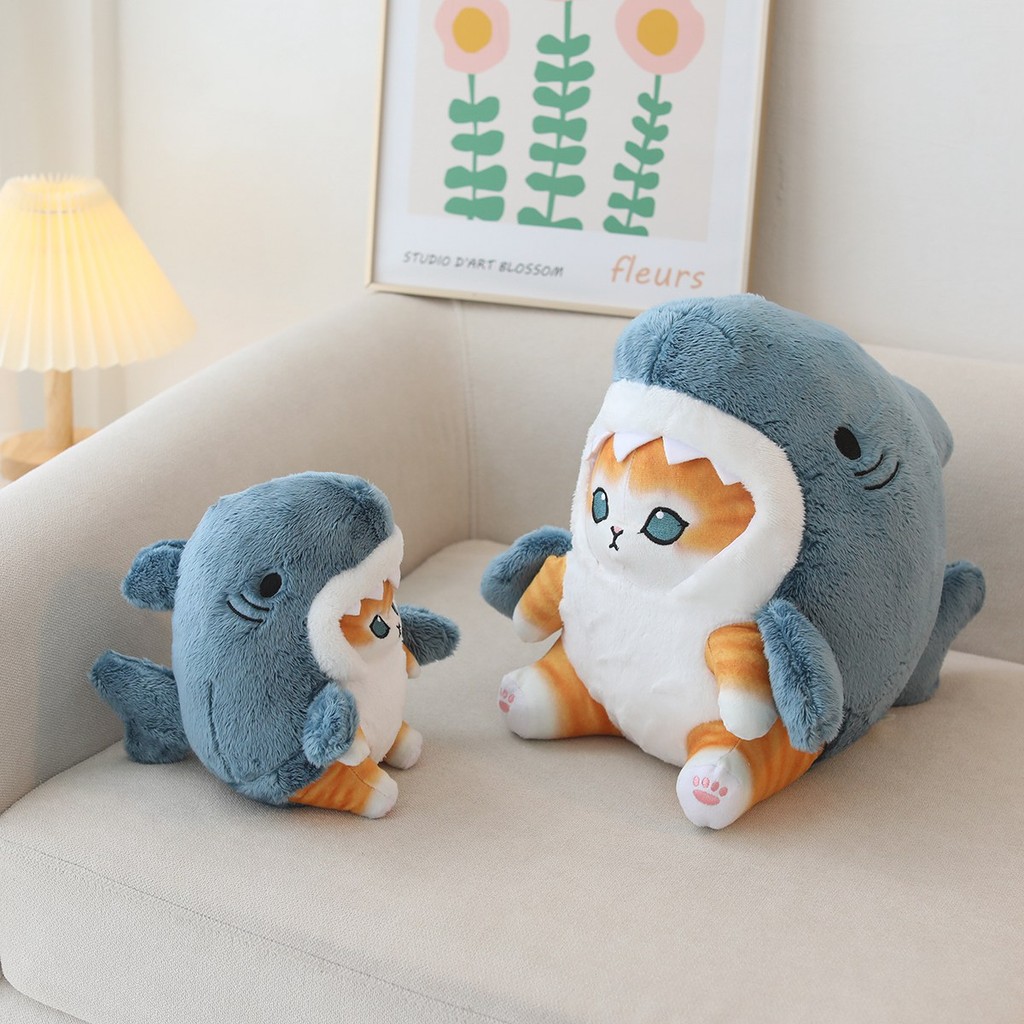 Jual Cute Shark Cat Plush Toy Fluffy Cat Cosplay Shark Stuffed Colorful ...