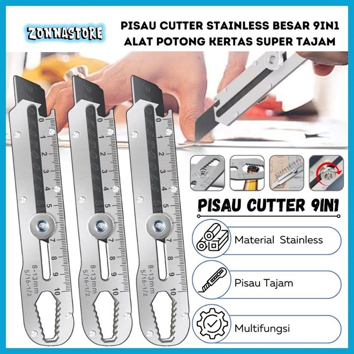 Jual Pisau Cutter Stainless Besar 9in1 Super Tajam Tahan Karat / Penggaris Screw Buka Kaleng ...
