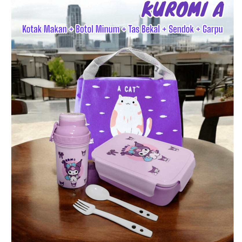 Jual KUROMI A || Kotak Makan Set Botol Minum Tas Bekal Sendok Garpu Lunch Box Wadah Bekal Makan ...