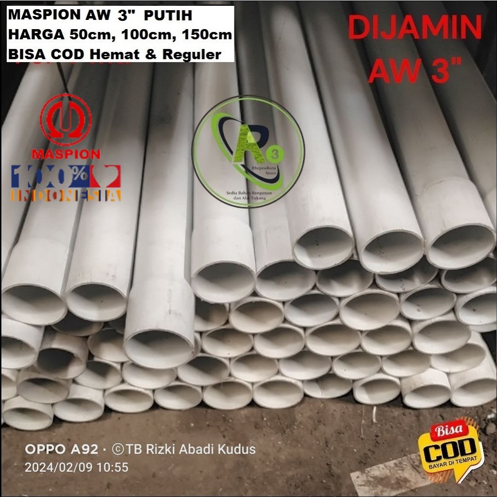 Jual Pralon Pvc Pipa Air MASPION AW 3" inch Putih (89mm) Paralon Harga ...