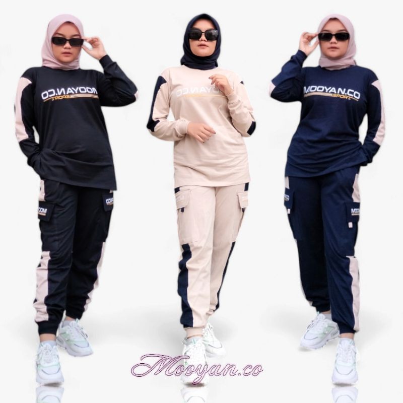Jual LE09 Setelan Olahraga Wanita Jumbo - Baju Olahraga Celana Cargo wanita muslimah - Mooyan ...