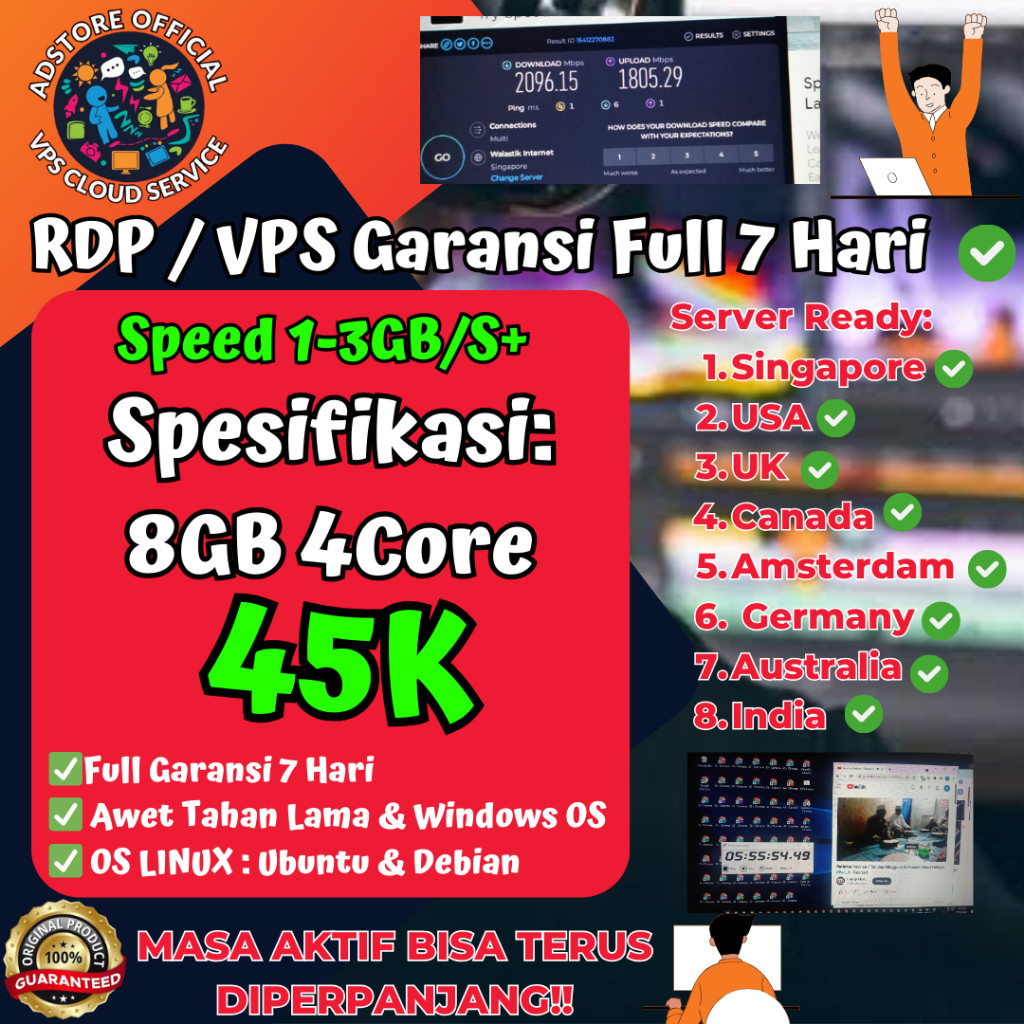 Jual RDP / VPS 8GB 4CORE Windows Ubuntu Debian Full root & Full Administrator & Full Garansi [ 7 ...