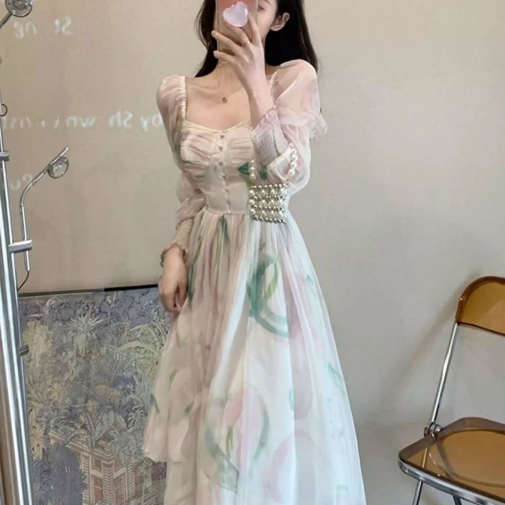 Jual Gaun Sifon Bermotif Bunga Wanita Lengan Panjang Berpinggang ...