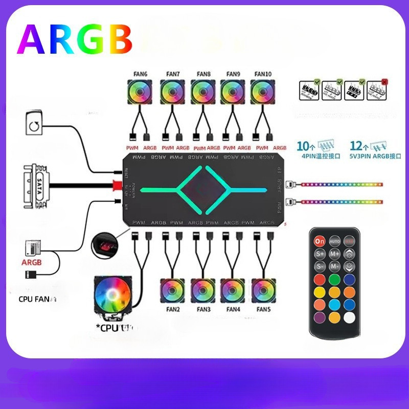 Jual 12Port Argb Fan Hub Controller Pc Fan Rgb Fan Pwm Argb 3Pin Remote ...