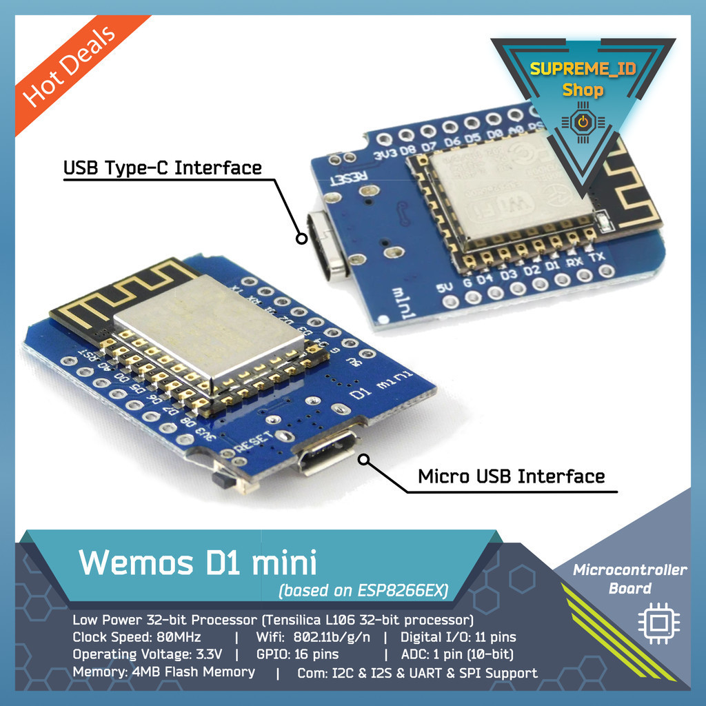 Jual Wemos D1 mini ESP-12F ESP8266 Wifi Microcontroller with Micro USB / USB Type-C | Arduino ...