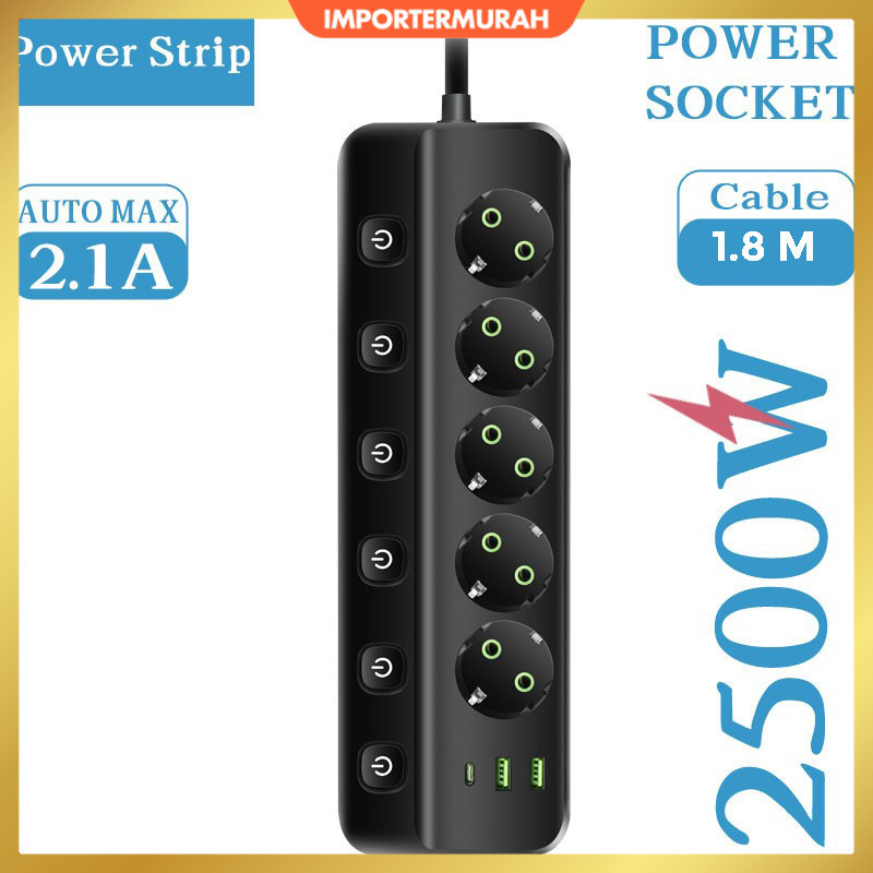 Jual Taffware Stop Kontak 5 Lubang USB Type C EU Plug 10A 110-250V 2500W - QL-1098U | Shopee ...