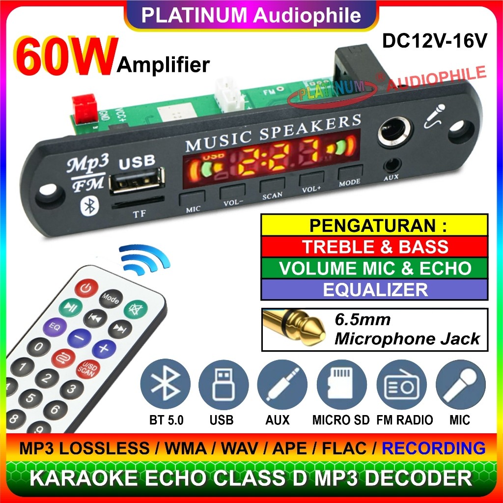 Jual Modul MP3 Decoder Bluetooth 5.1 Amplifier 2x 30W Karaoke Mic echo ...