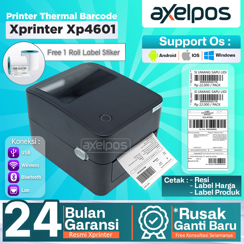 Jual PRINTER BARCODE THERMAL LABEL XPRINTER XP-4601 A6-110MM KONEKSI USB / USB - BLUETOOTH / USB ...
