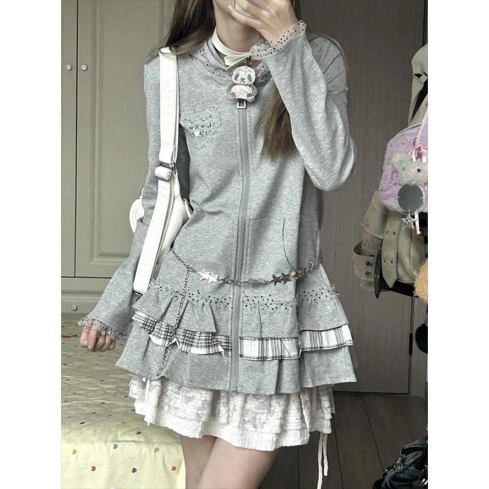 Jual Y2K abu-abu renda tambal sulam kotak-kotak kue rok kaus ...