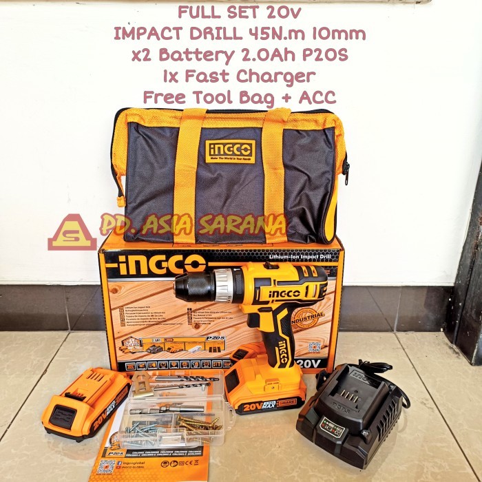 Jual Cordless Impact Drill 10mm INGCO CIDLI2002 Bor Tembok Beton 45Nm ...