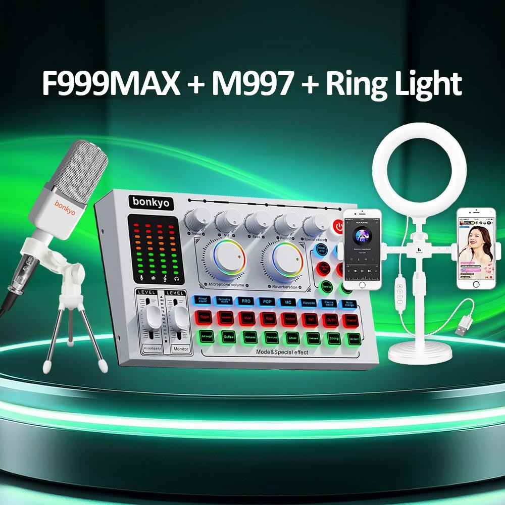 Jual Hi-Net&Bonkyo F999MAX soundcard + microphone + ring light live ...