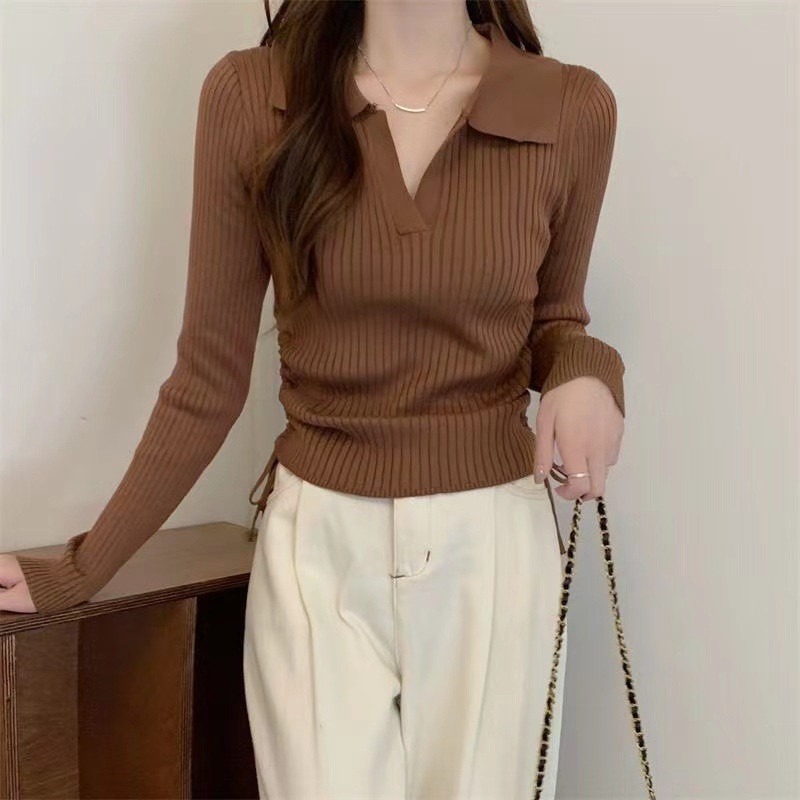 Jual Atasan Kerah Long Sleeve Shirt Rajut Wanita Kaos berkerah Polo Vneck Tali Serut Style Korea ...