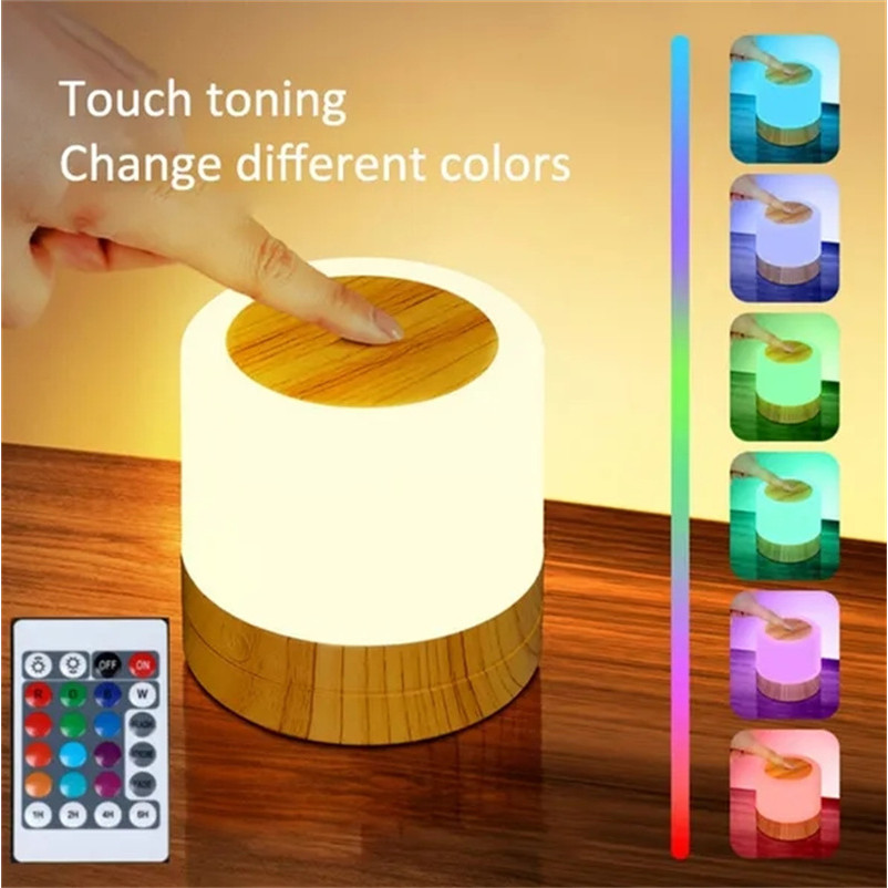Jual 7 Colors Night Light Dimmable LED Touch Sensor Wooden Bedside ...