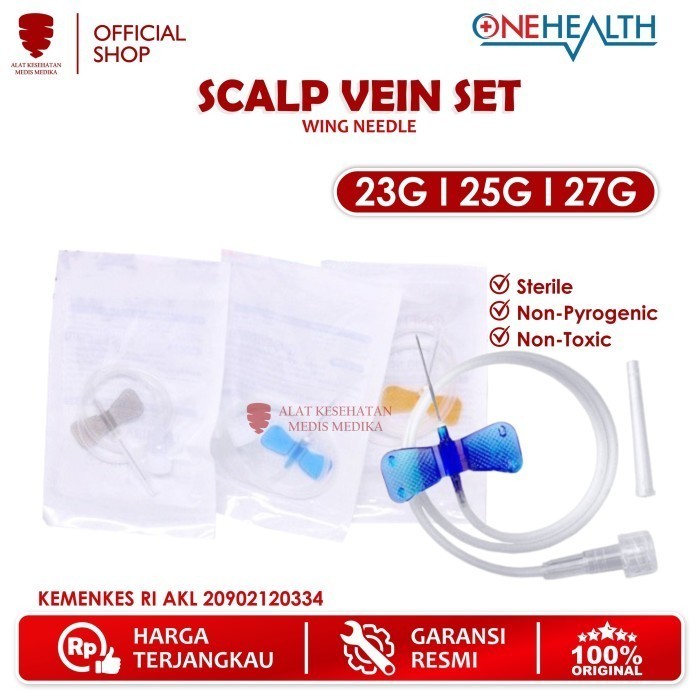 Jual OneHealth Scalp Vein Set Needle Wing 23G 25G 27G Jarum Infus ...