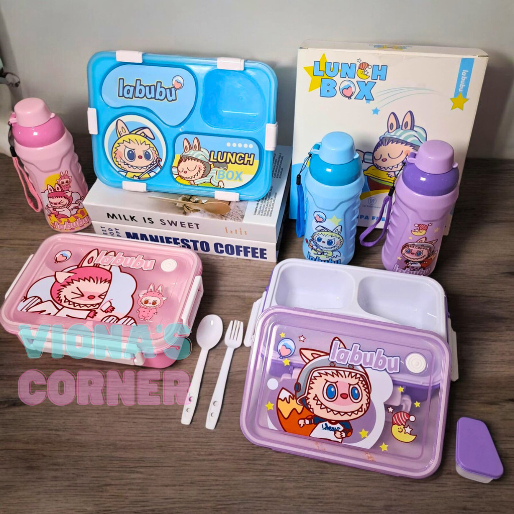 Jual Lunch Box Set Labubu + Botol Minum Kotak Bekal 3 4 Sekat Pink Kotak Makan Luch Tempat Minum ...